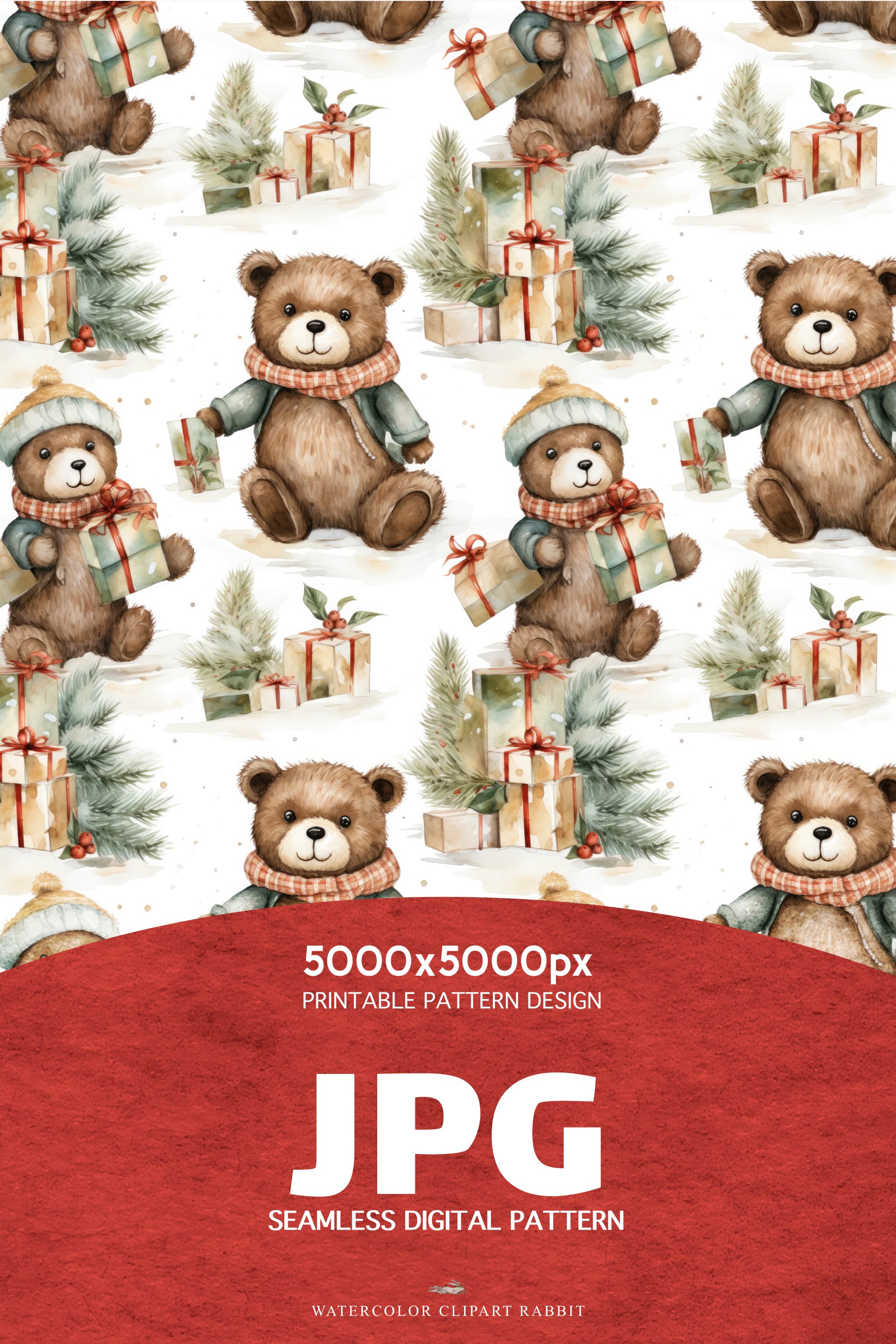 Teddy Bear Christmas Pattern Winter Print Digital Paper jpeg