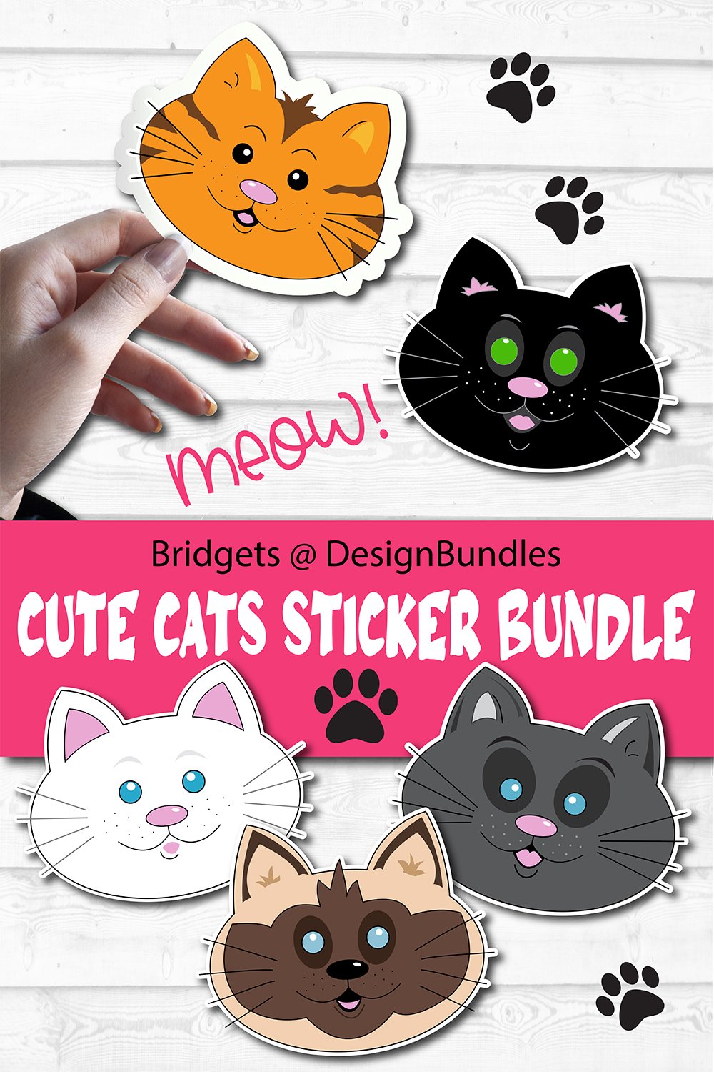 5 Cute Cat Stickers Bundle Digital Download