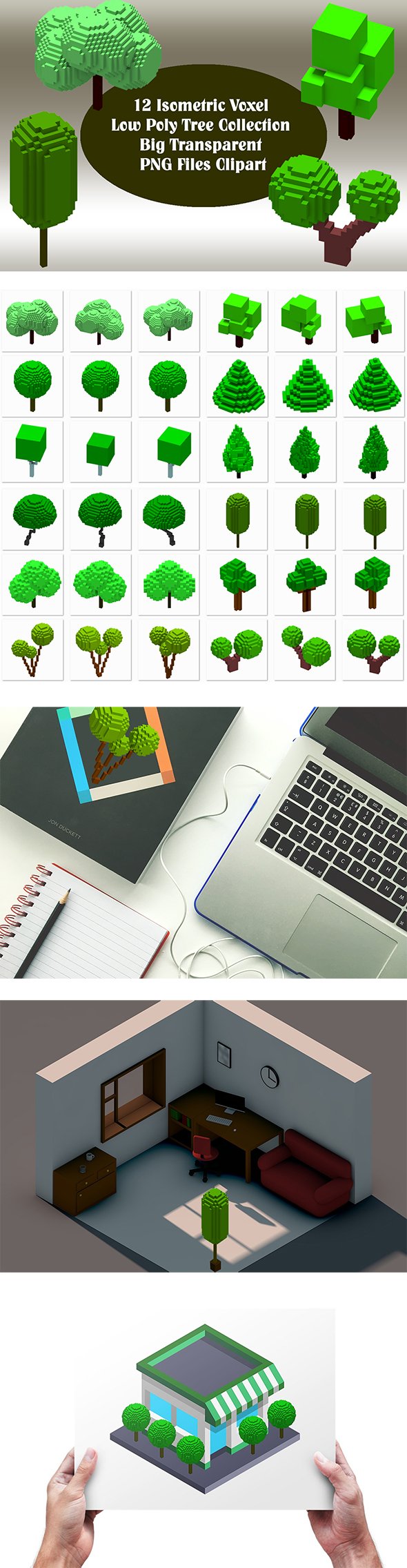 12 Isometric Voxel Low Poly Tree Crown Collection