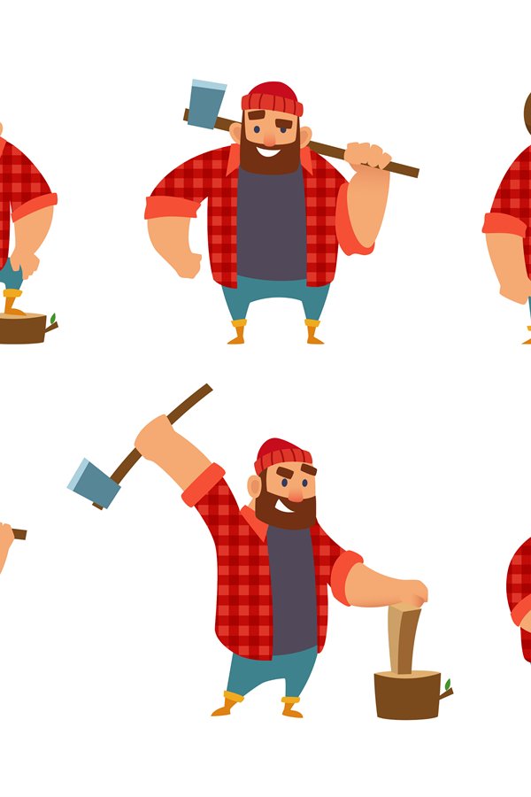 Lumberjack in different poses holding axe in hands. Vector p