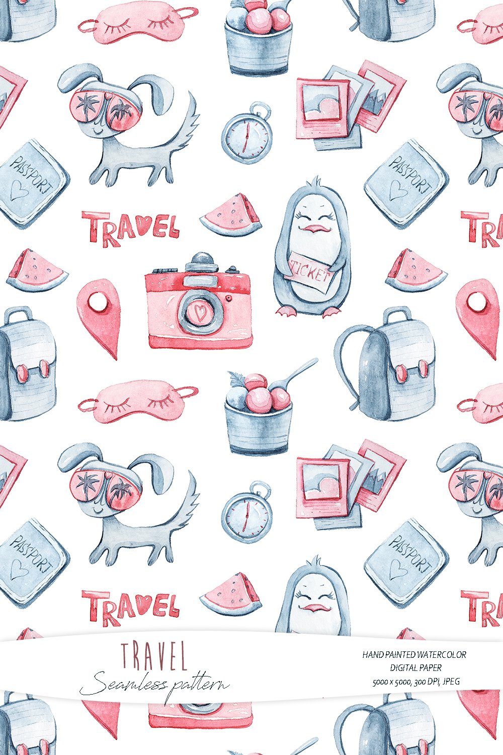 Watercolor travel seamless pattern, digital paper pack