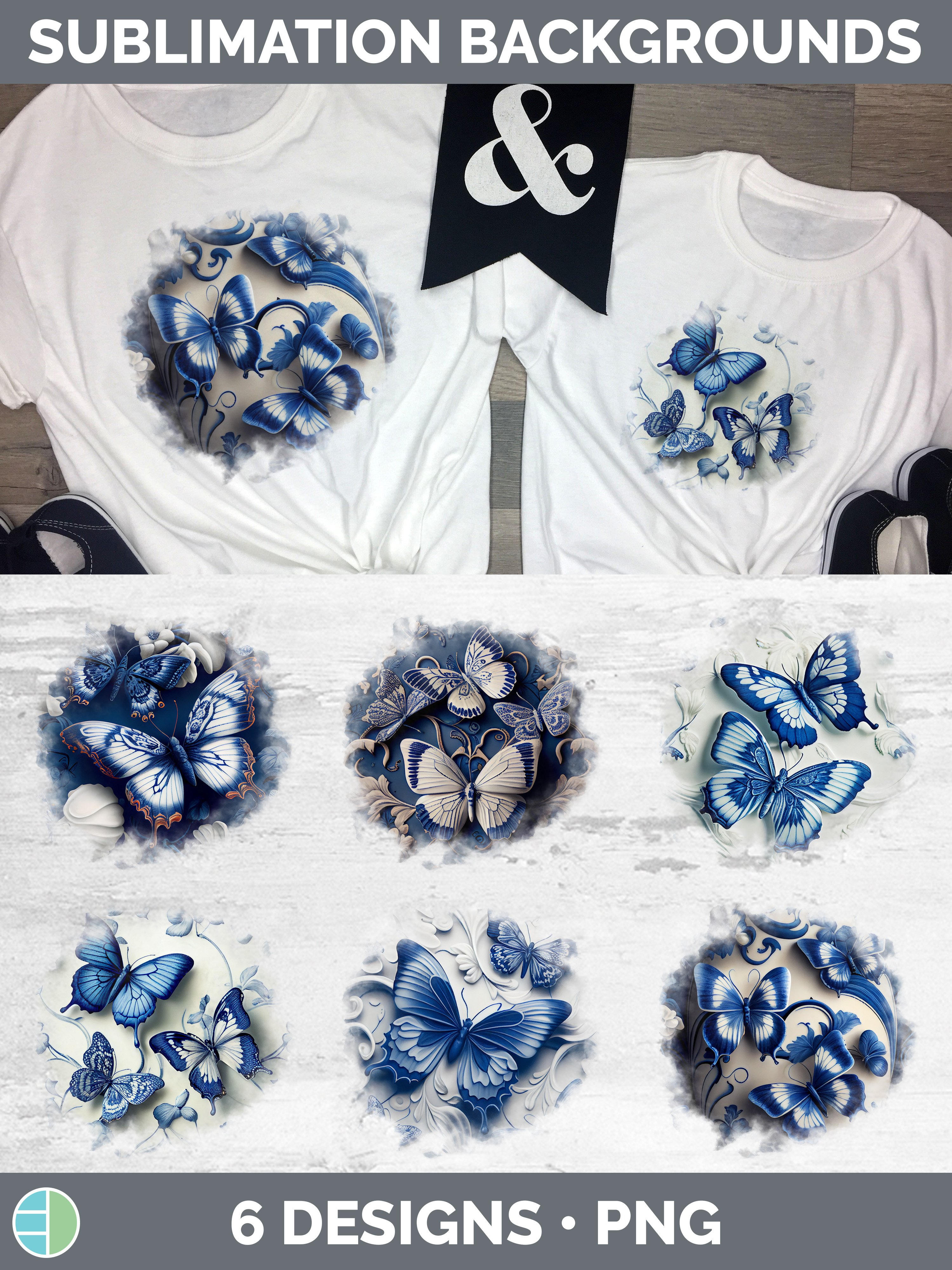 Blue and White Butterflies Grunge Background | Sublimation D