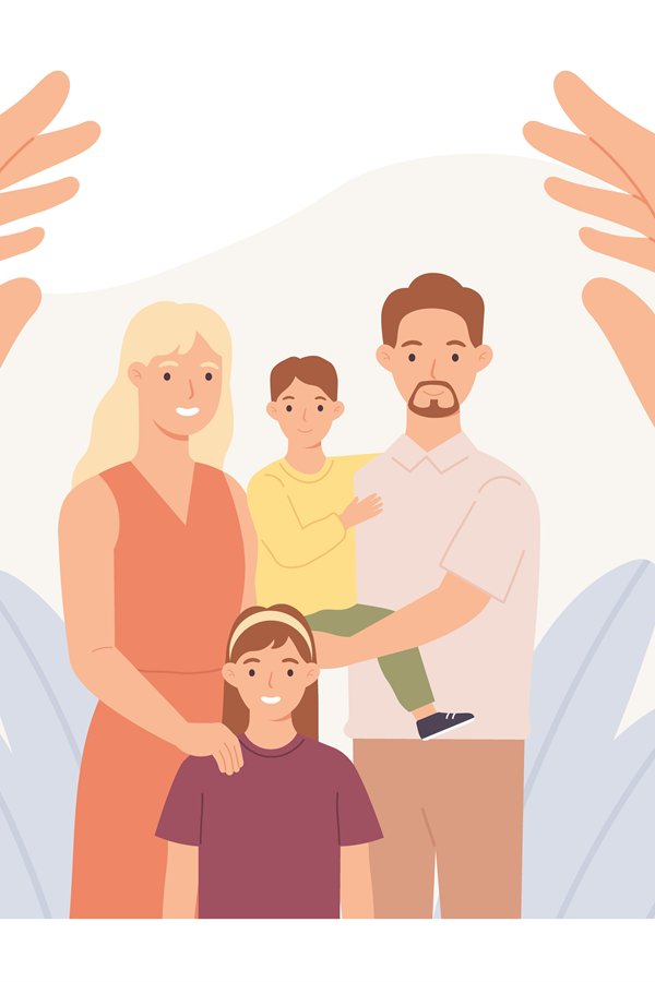 Family protection. Hands protect parents and children. Fathe