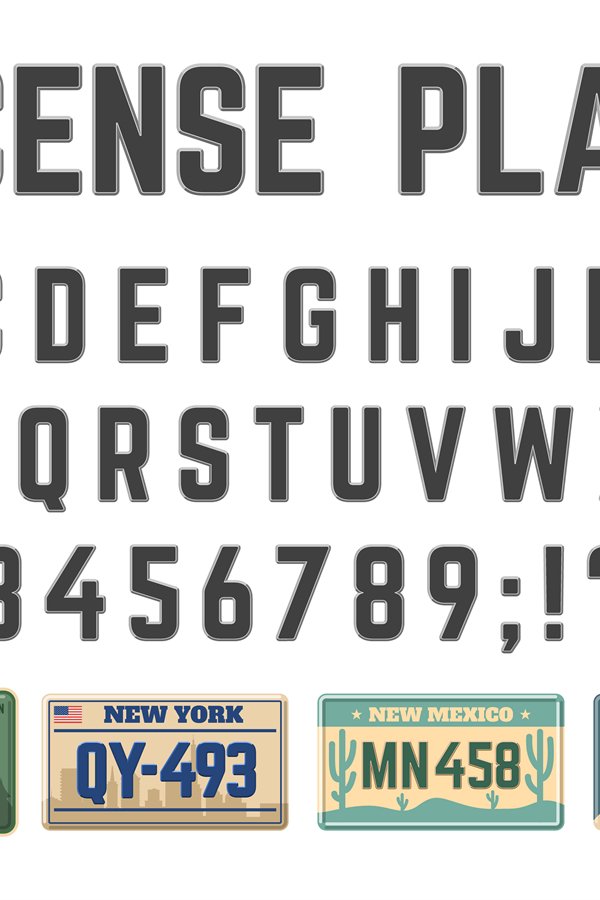 Car plates alphabet. Vehicle registration signs lati