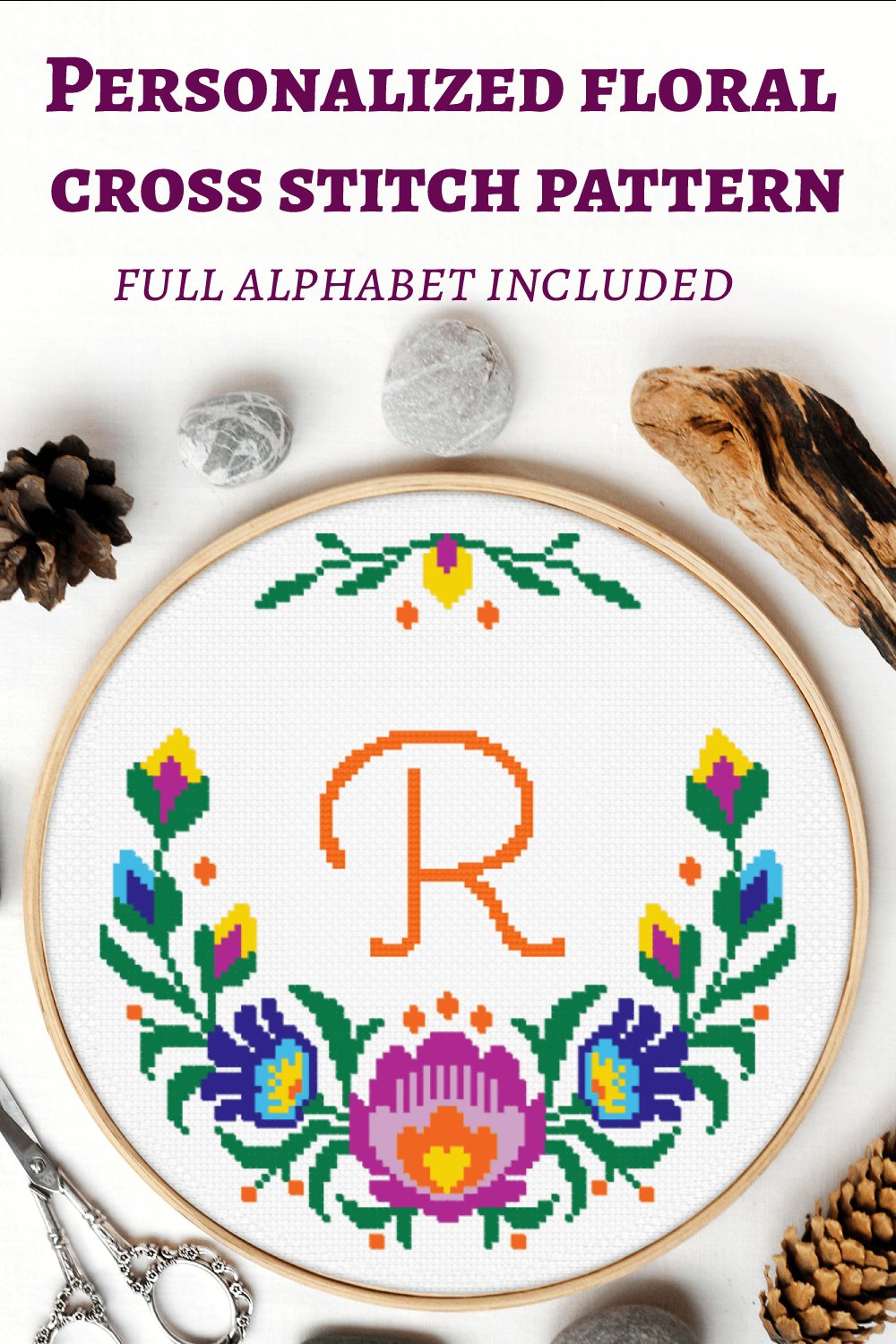 Floral Wreath Initial Cross stitch pattern Alphabet included