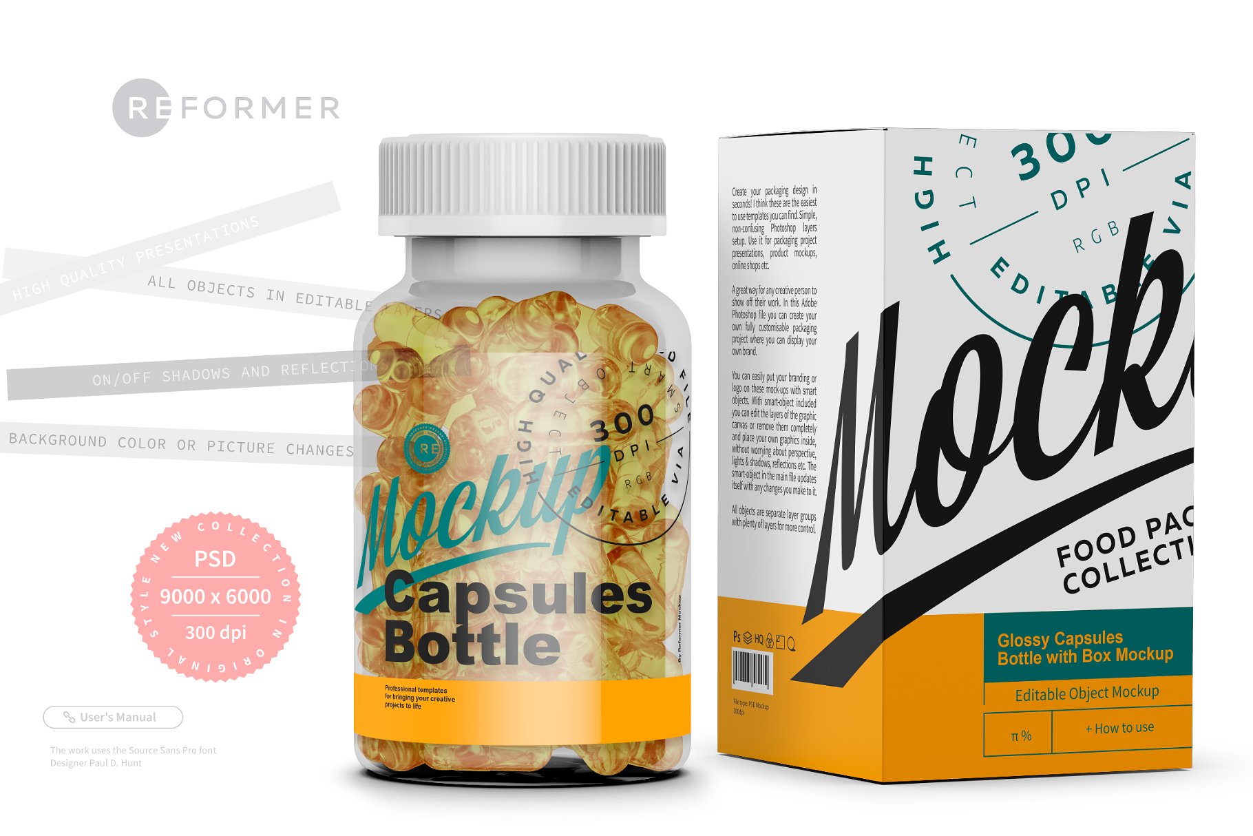 Glossy Capsules Bottle with Box Mockup