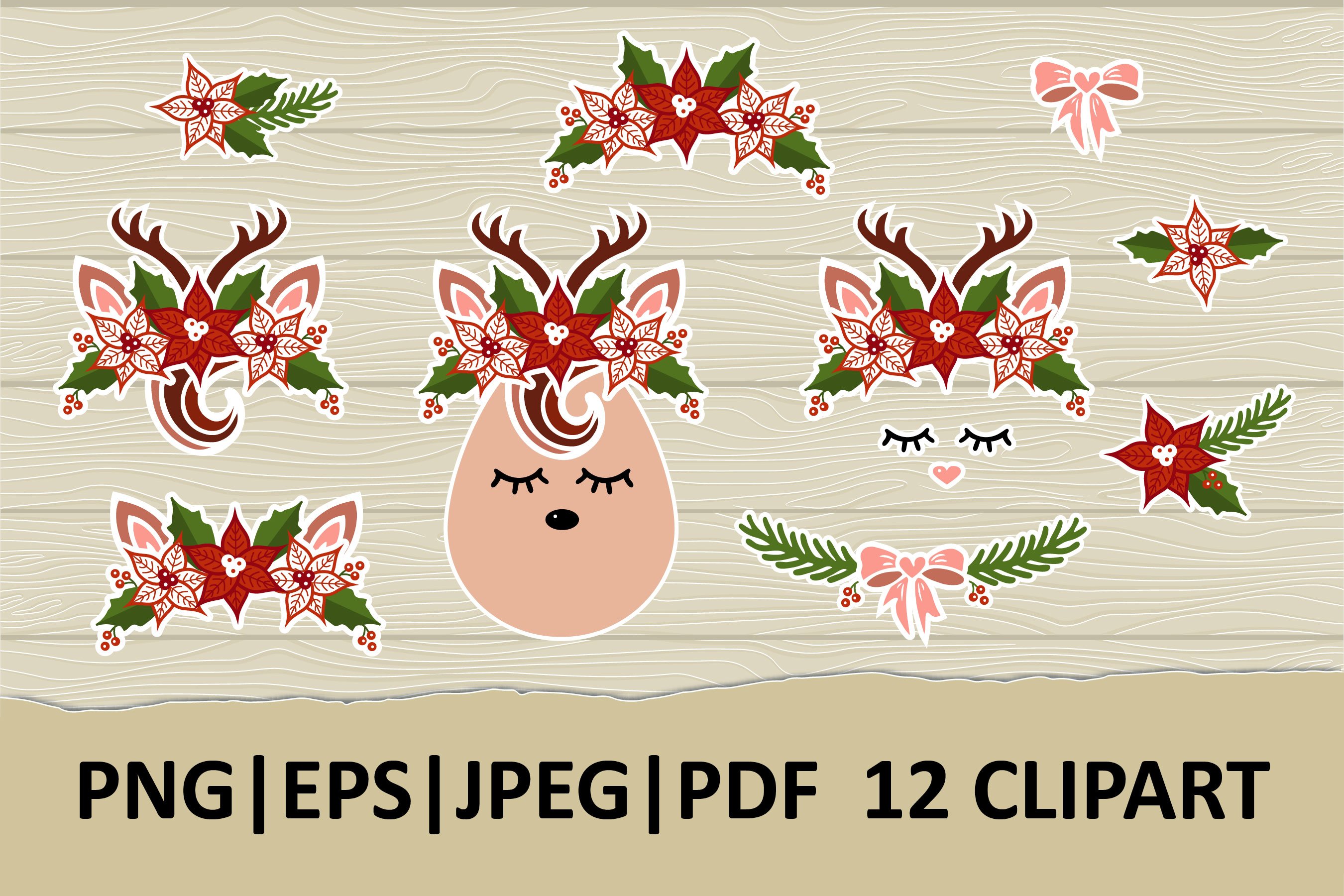 Christmas clipart pack with cute reindeer, wreaths, elements