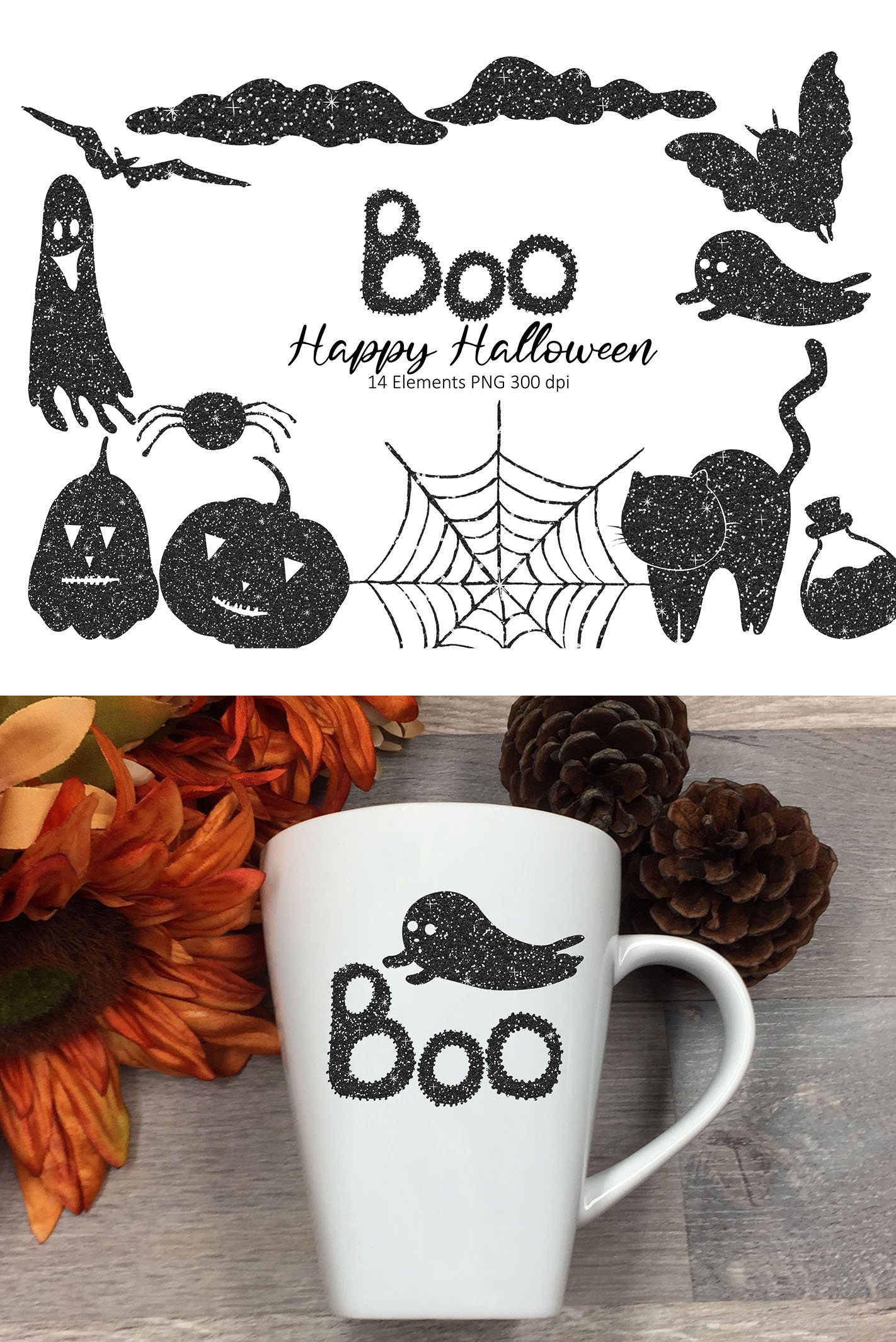 Happy Halloween clipart. Glitter elements PNG (1416965)