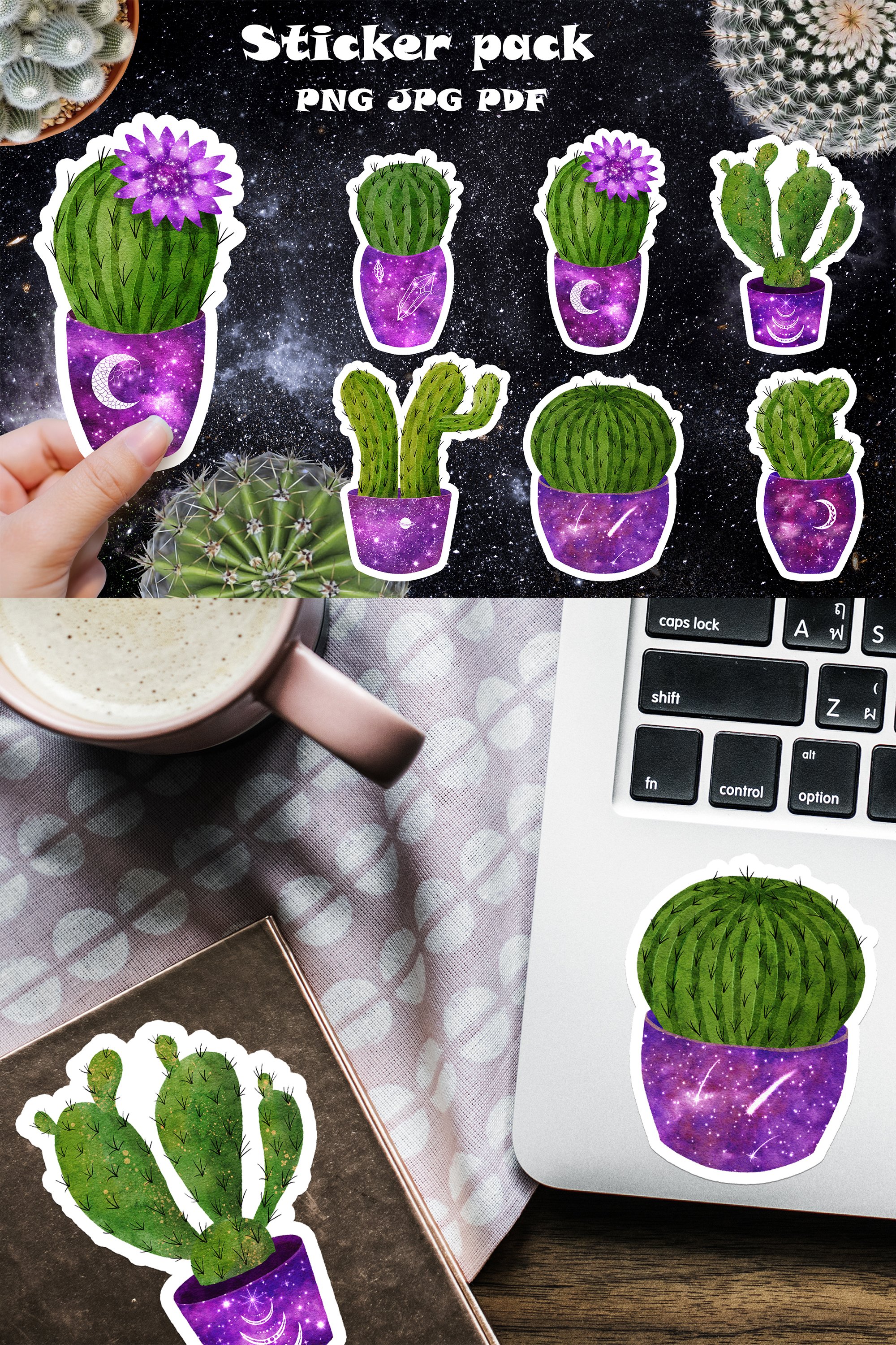 Celestial stickers pack, cute cactus sticker (1556468)
