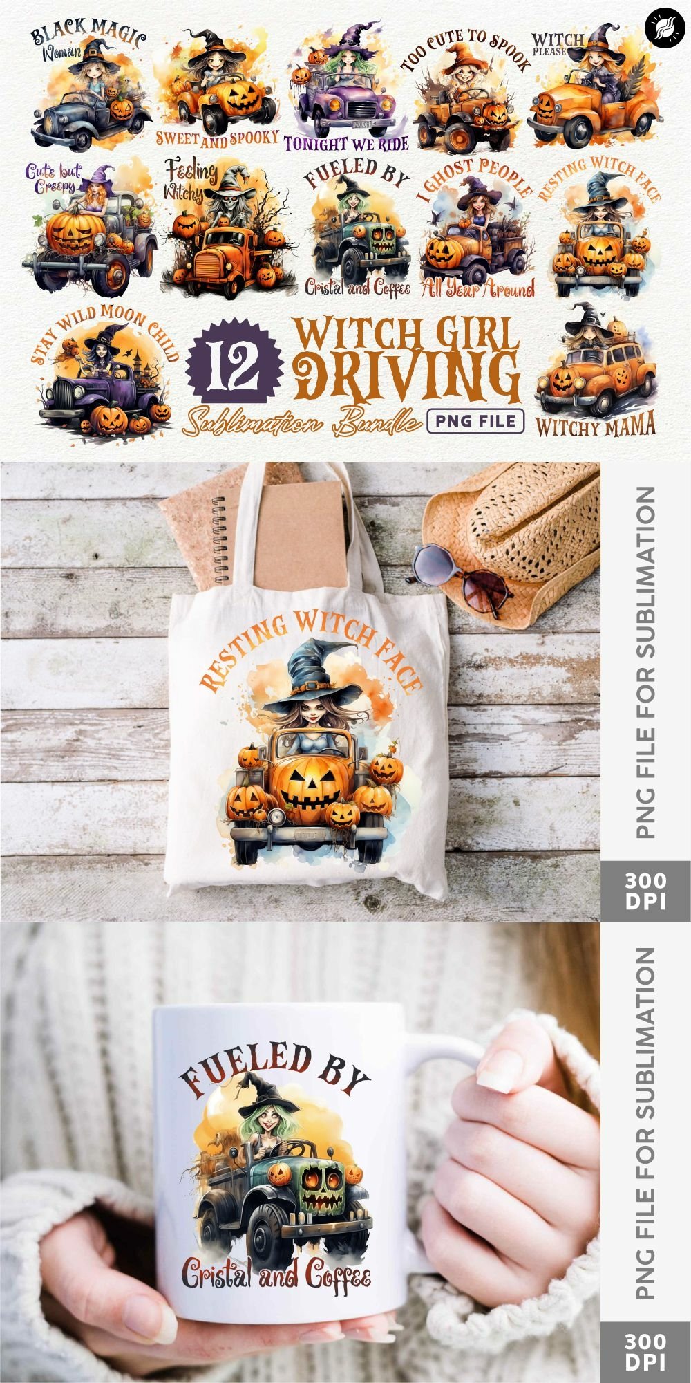 Witch Girl Driving Sublimation Designs PNG Bundle