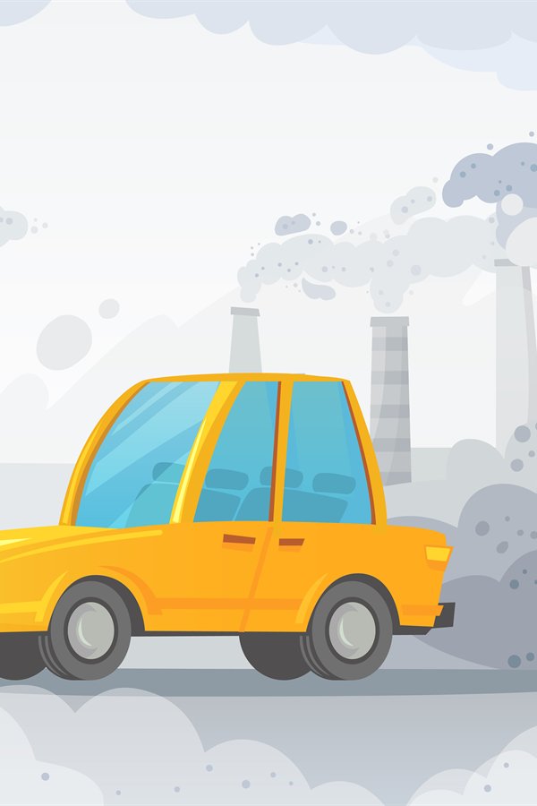 Car air pollution. City road smog, factories smoke and indus