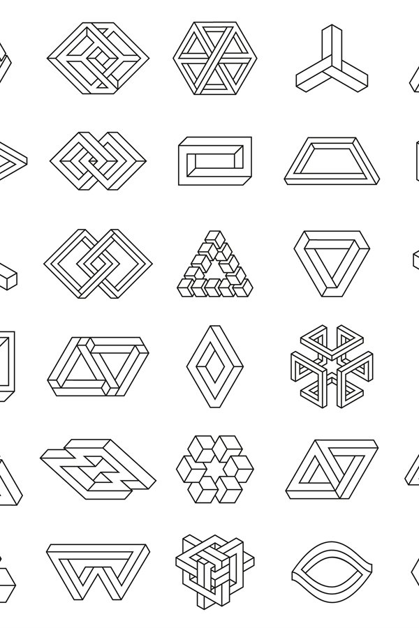 Impossible geometric shapes. Paradox geometry line figures,