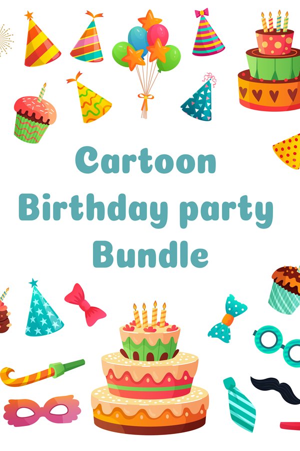 Cartoon birthday party bundle. Sweet celebration cupcakes, c