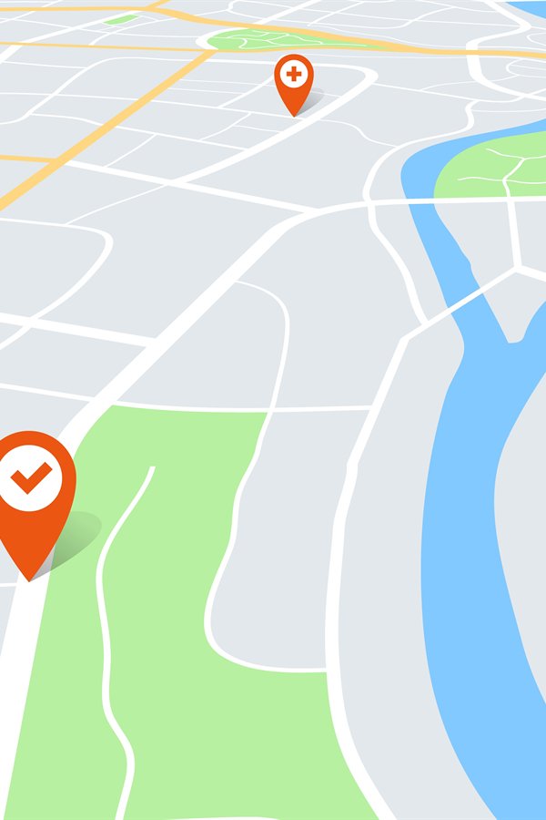 City map with pins. Color cartography town plan in perspecti