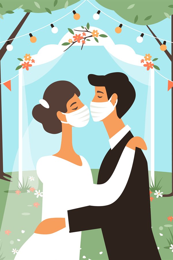 Wedding in masks. Bride and groom kiss, people in medical pr