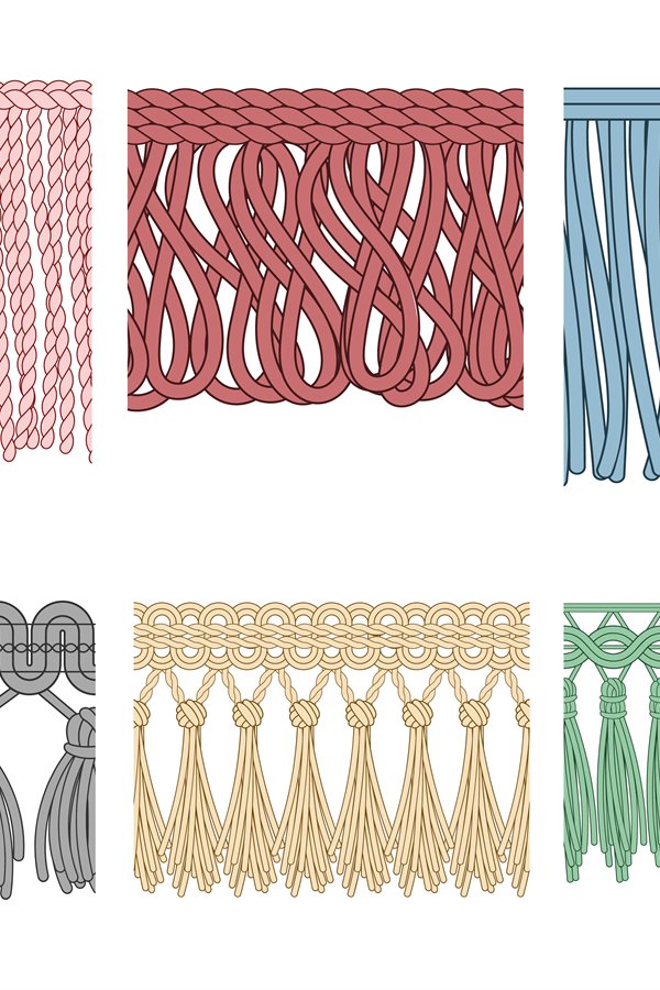 Garment fringe. Ruffle seam trim, raw textile edge and tasse