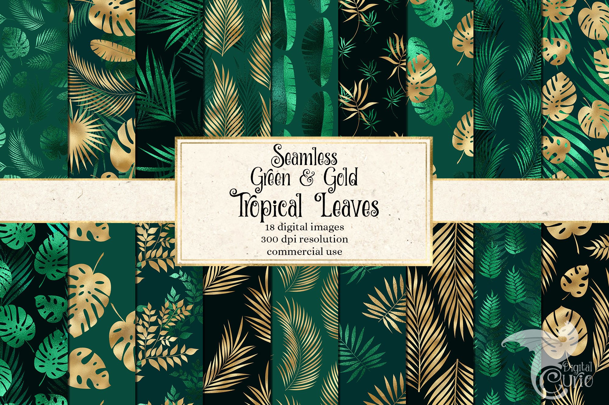 Green and Gold Tropical Leaves Digital Paper