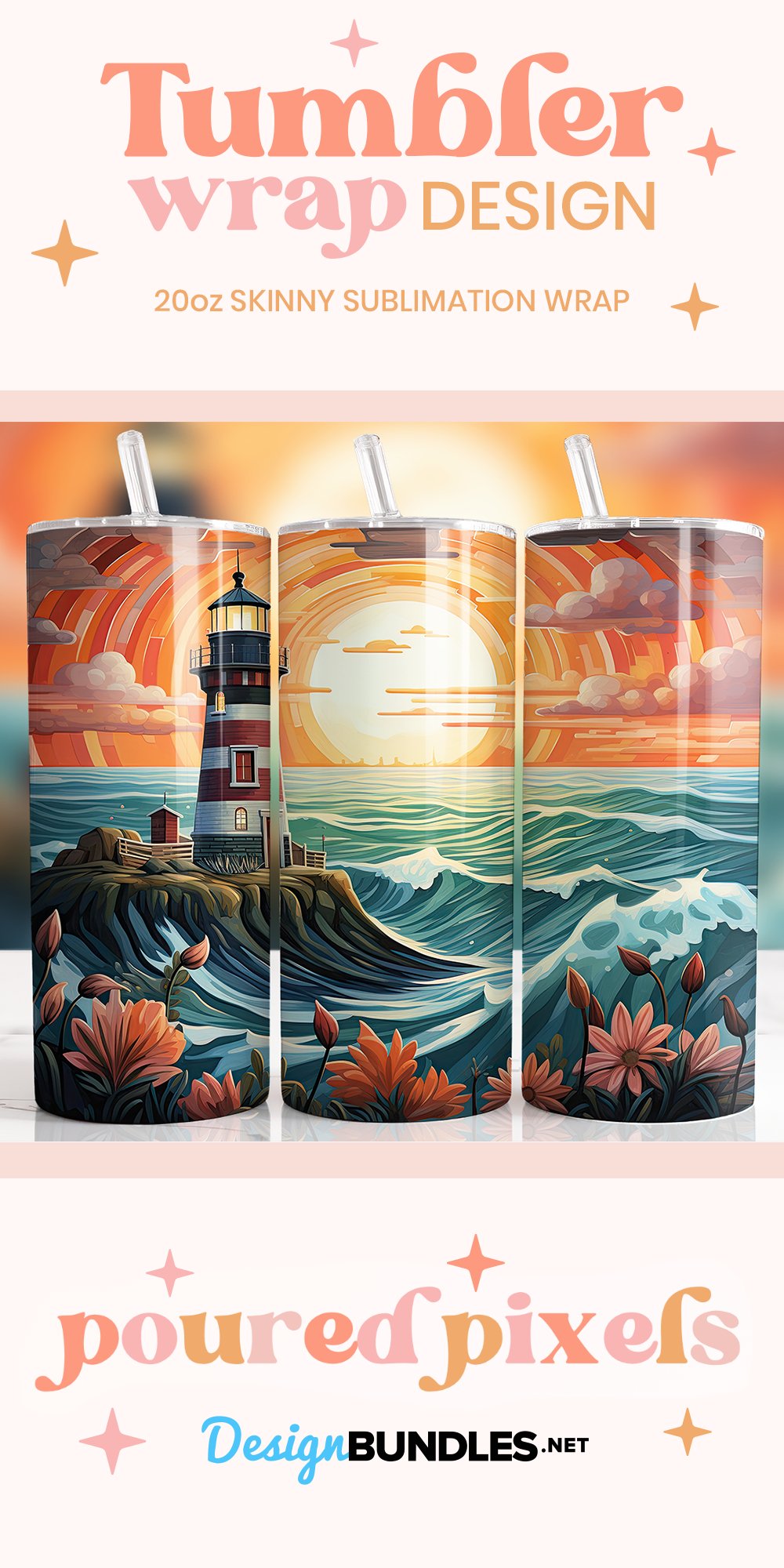 Seaside Sunset - Nautical Lighthouse Tumbler Wrap Design