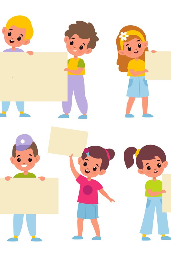 Children with banners. Cartoon kids with blank placards in h