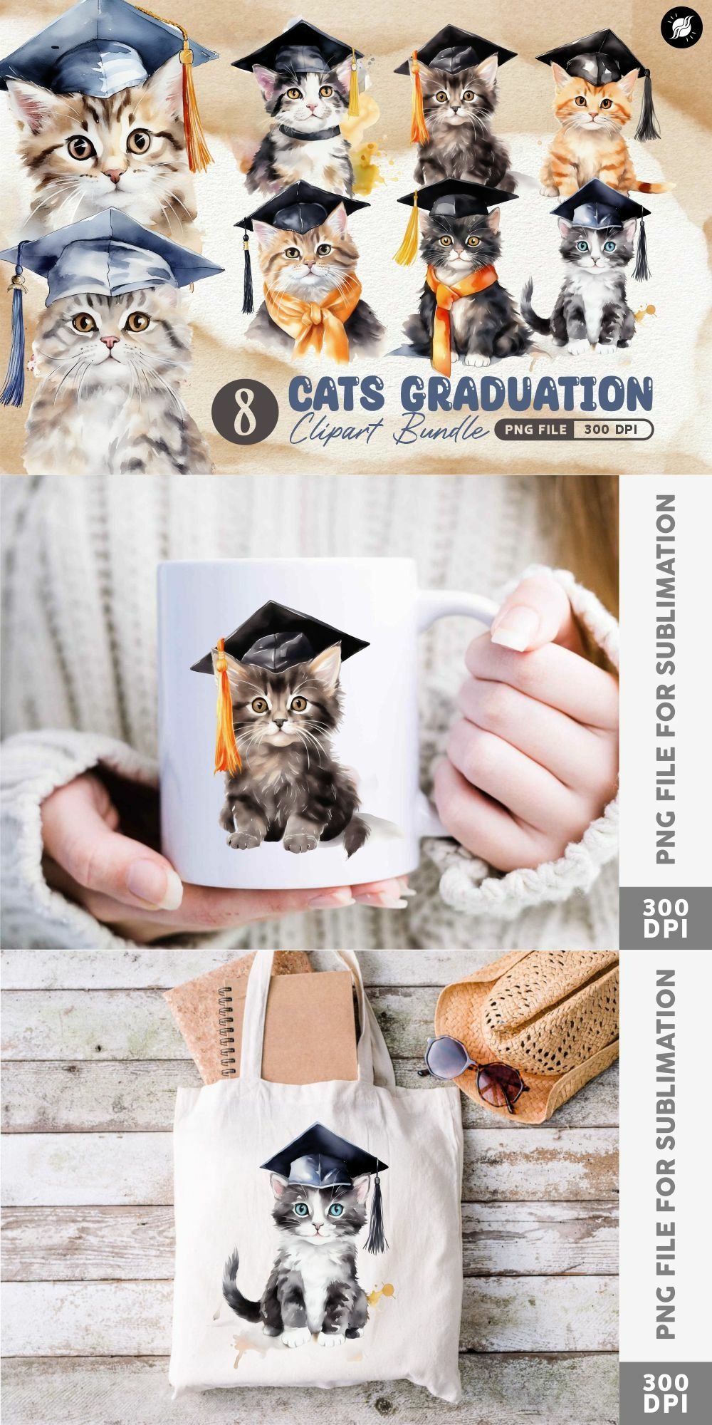 Cats Graduation Clipart Bundle for Sublimation
