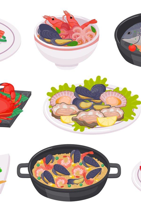 Cartoon seafood dishes with fish, octopus, shrimps and salmo