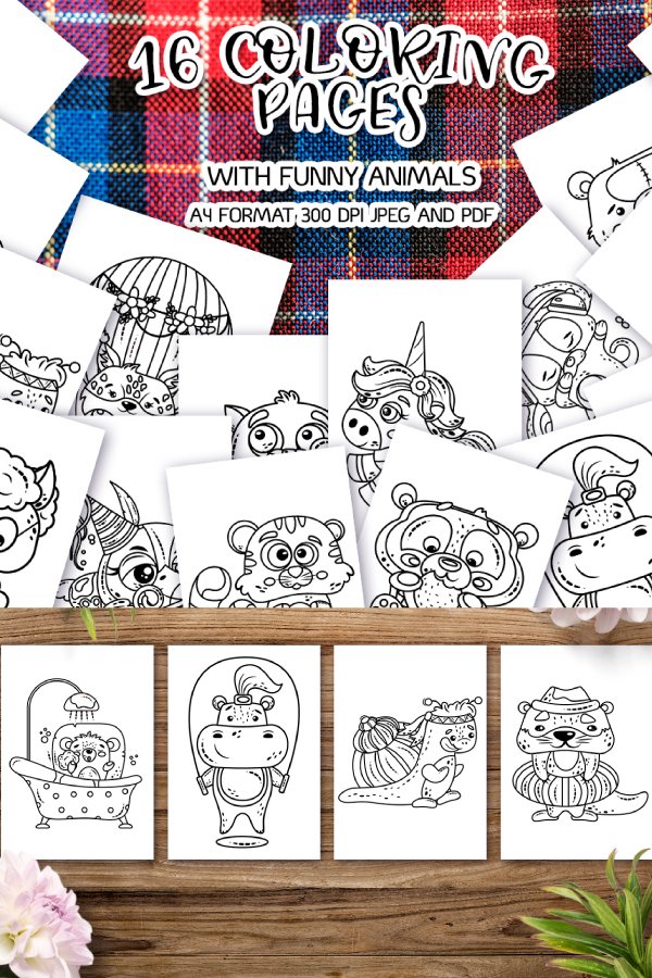 16 coloring pages with funny animals bundle
