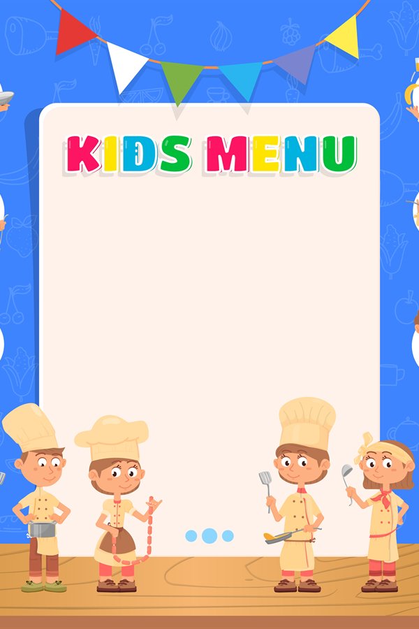 Kids menu background. Children chefs, kid cooking blank post