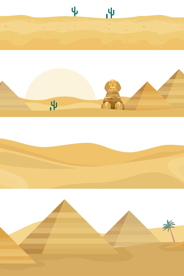 Desert landscape seamless borders. Sand dunes, Egyptian land