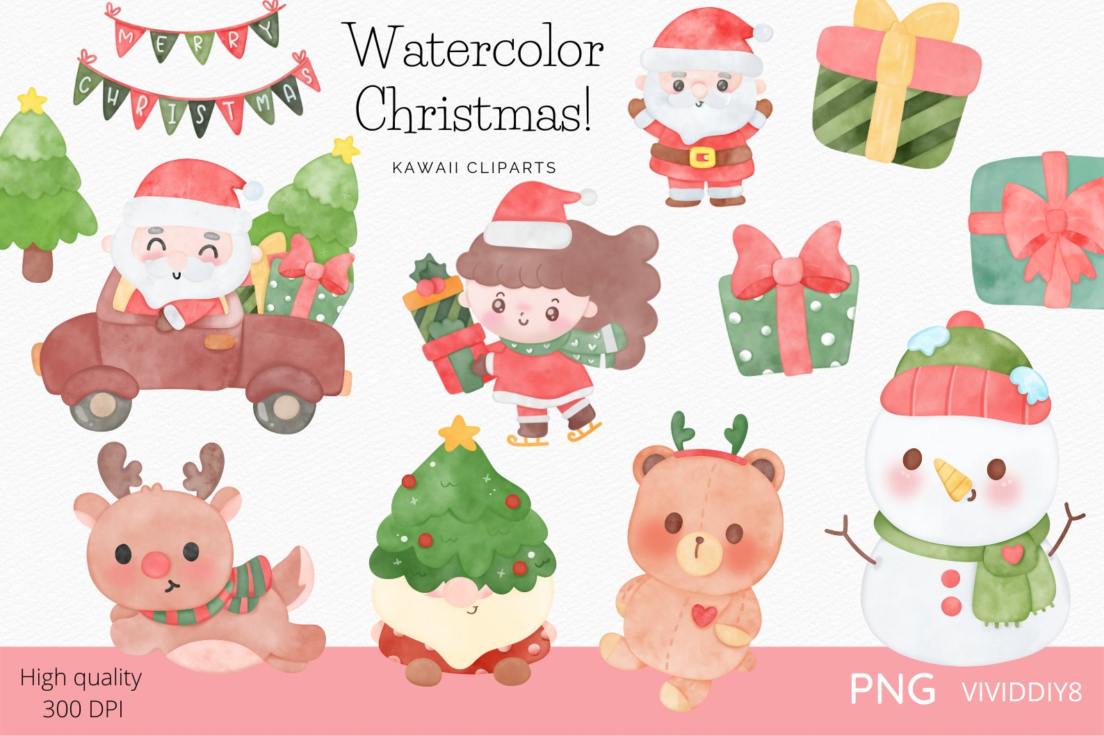 Watercolor santa, kawaii Christmas, happy new year clipart