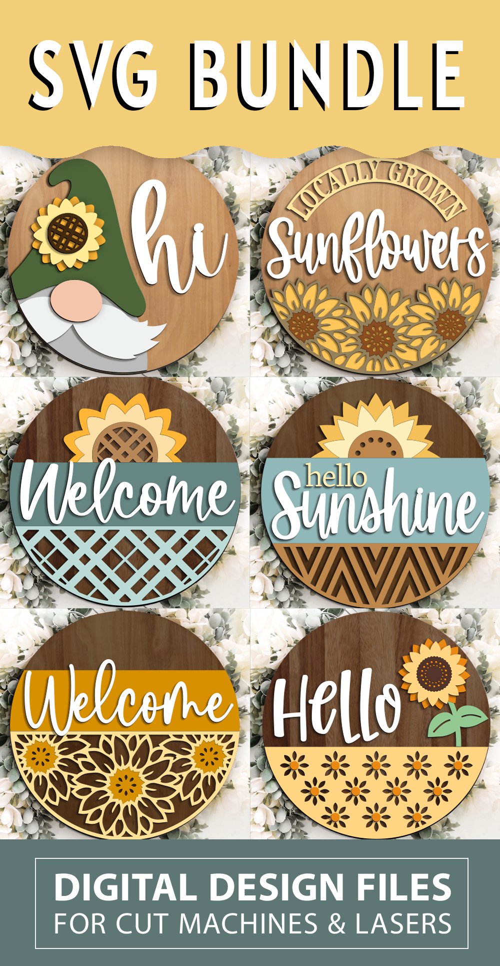 Sunflower Theme Round Sign Bundle - SVG Laser Cut (2600388)