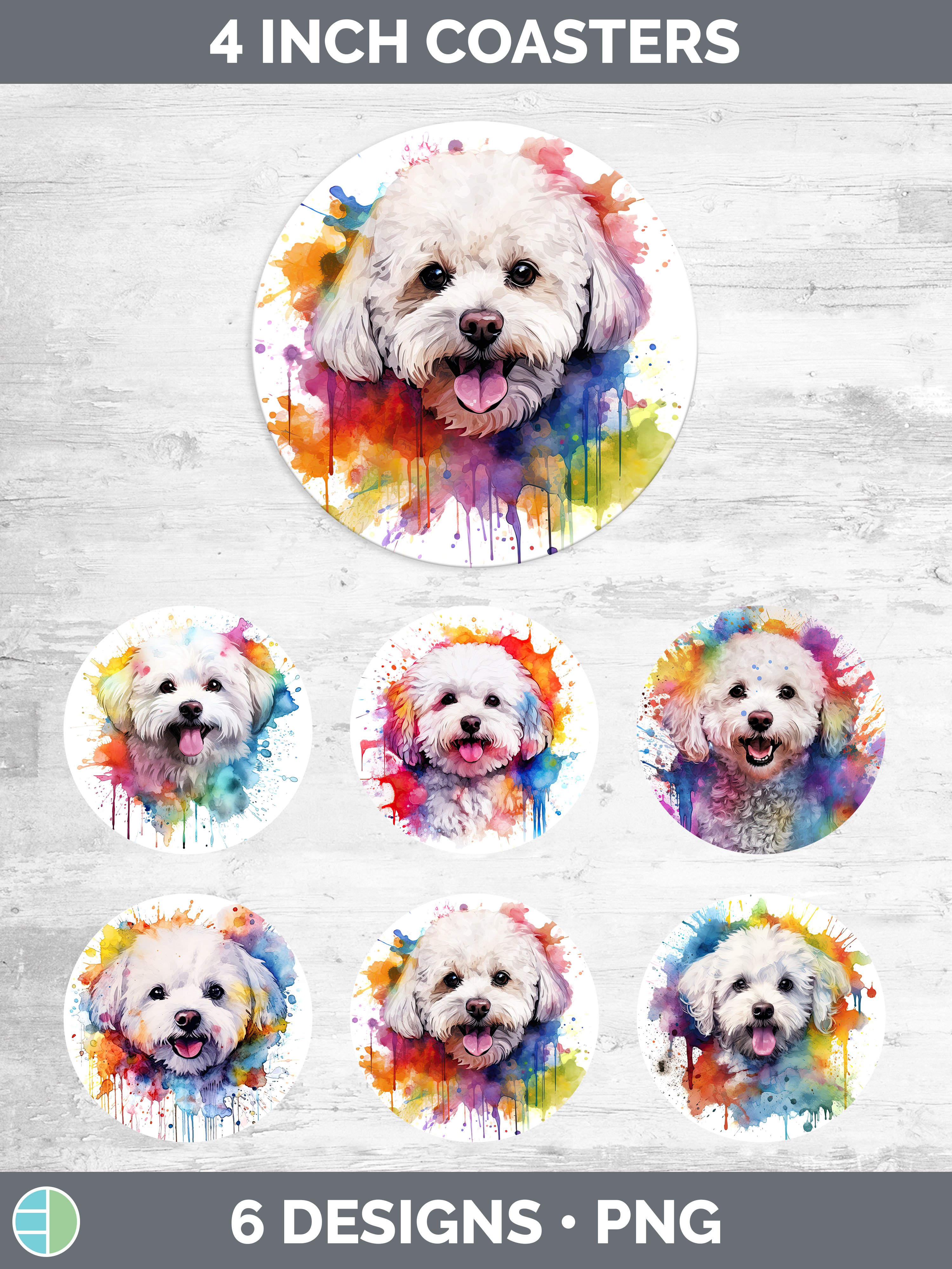 Splat Rainbow Bichon Frise Dog Round Coaster | Sublimation C