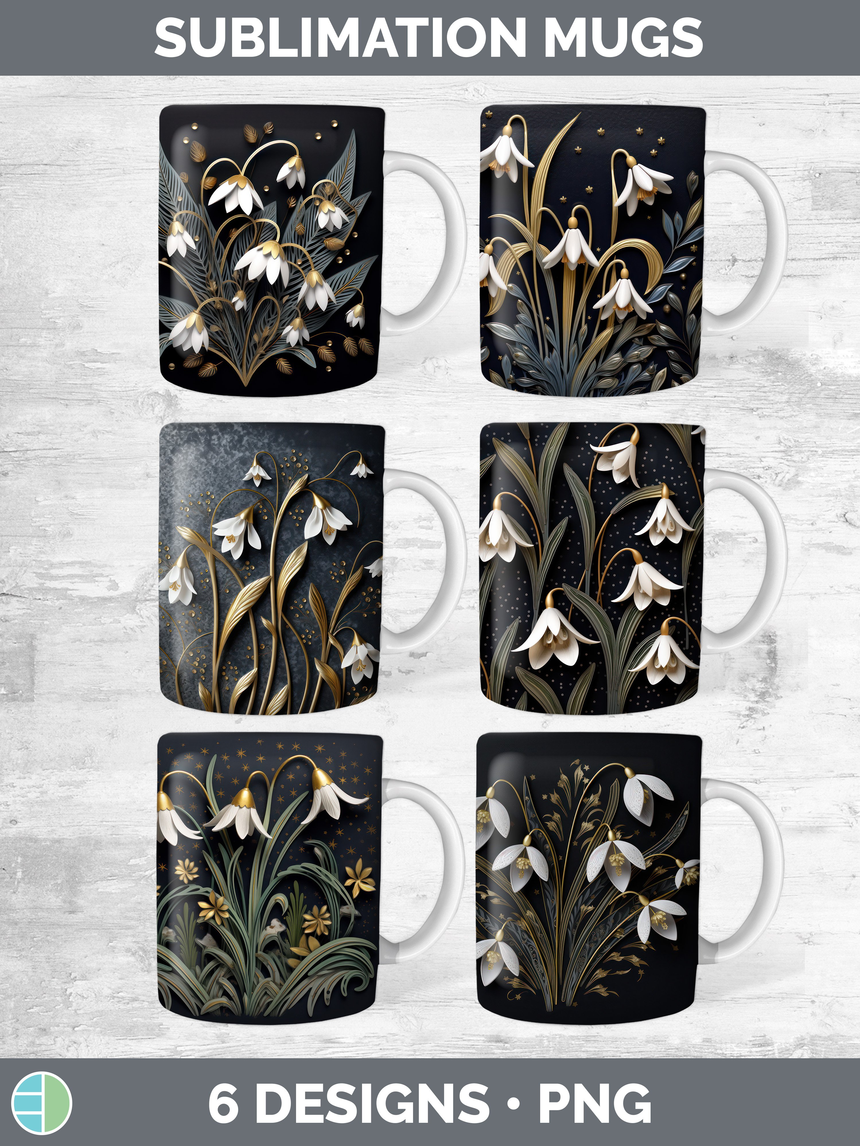 3D Black and Gold Snowdrop Flowers Mug Wrap | Sublimation Co