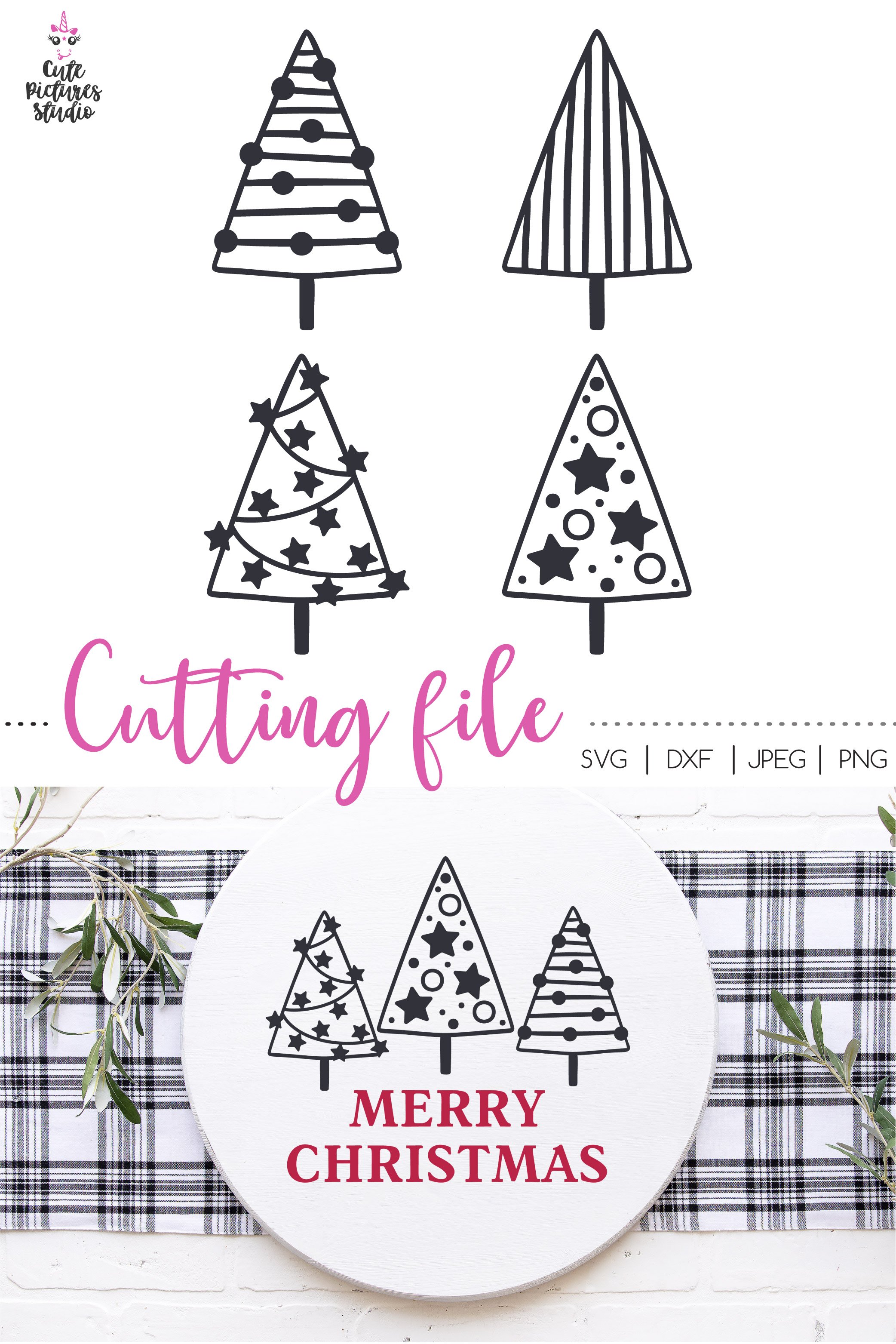 Cute hand-drawn Christmas pine tree set SVG cut file