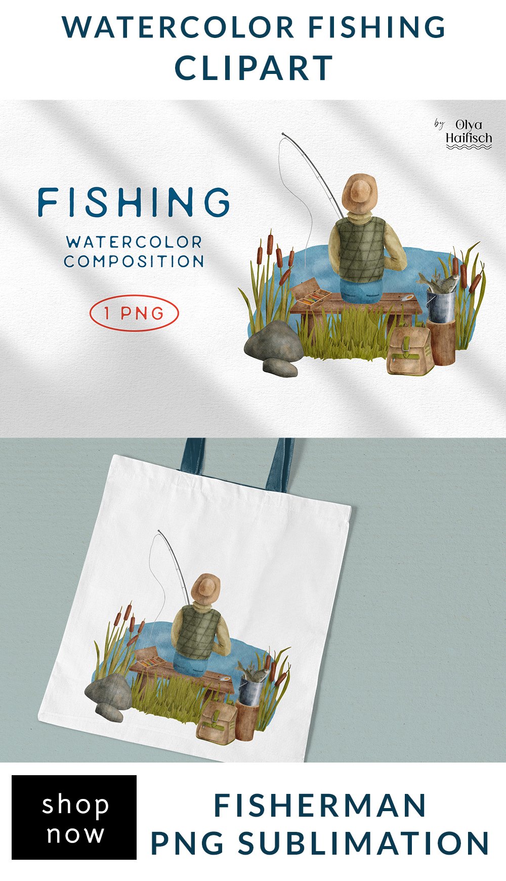 Fishing Watercolor Clipart. Fisher on Lake PNG