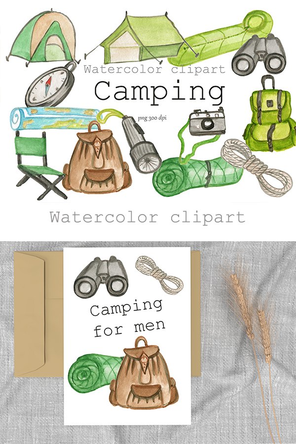 Camping watercolor clipart,PNG , Travel, Summer clipart. (1383657 ...