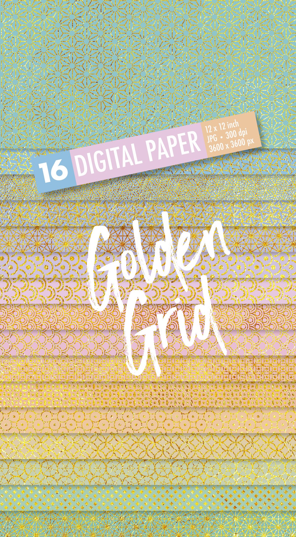 Digital Paper | Golden Grid Pattern with pastel Background