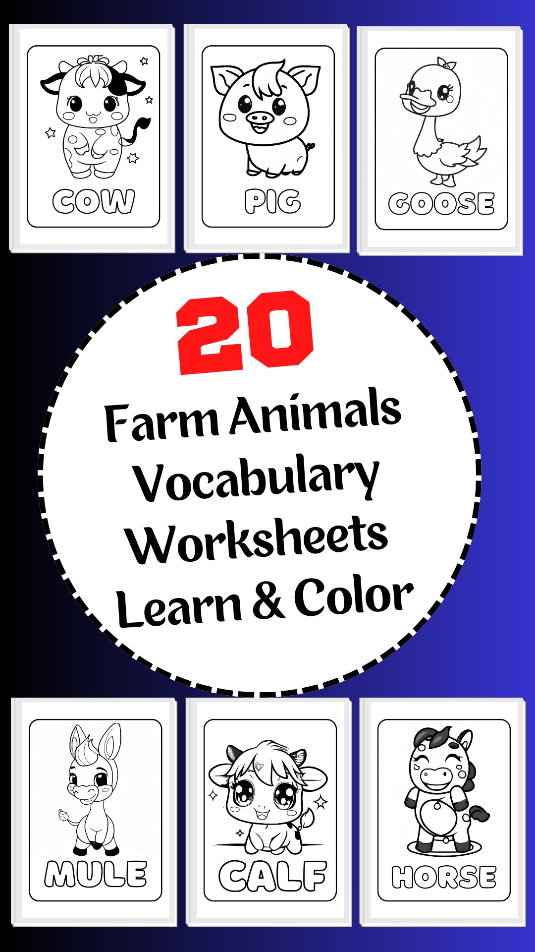 Cute Farm Animals Vocabulary Worksheets - Learn & Color