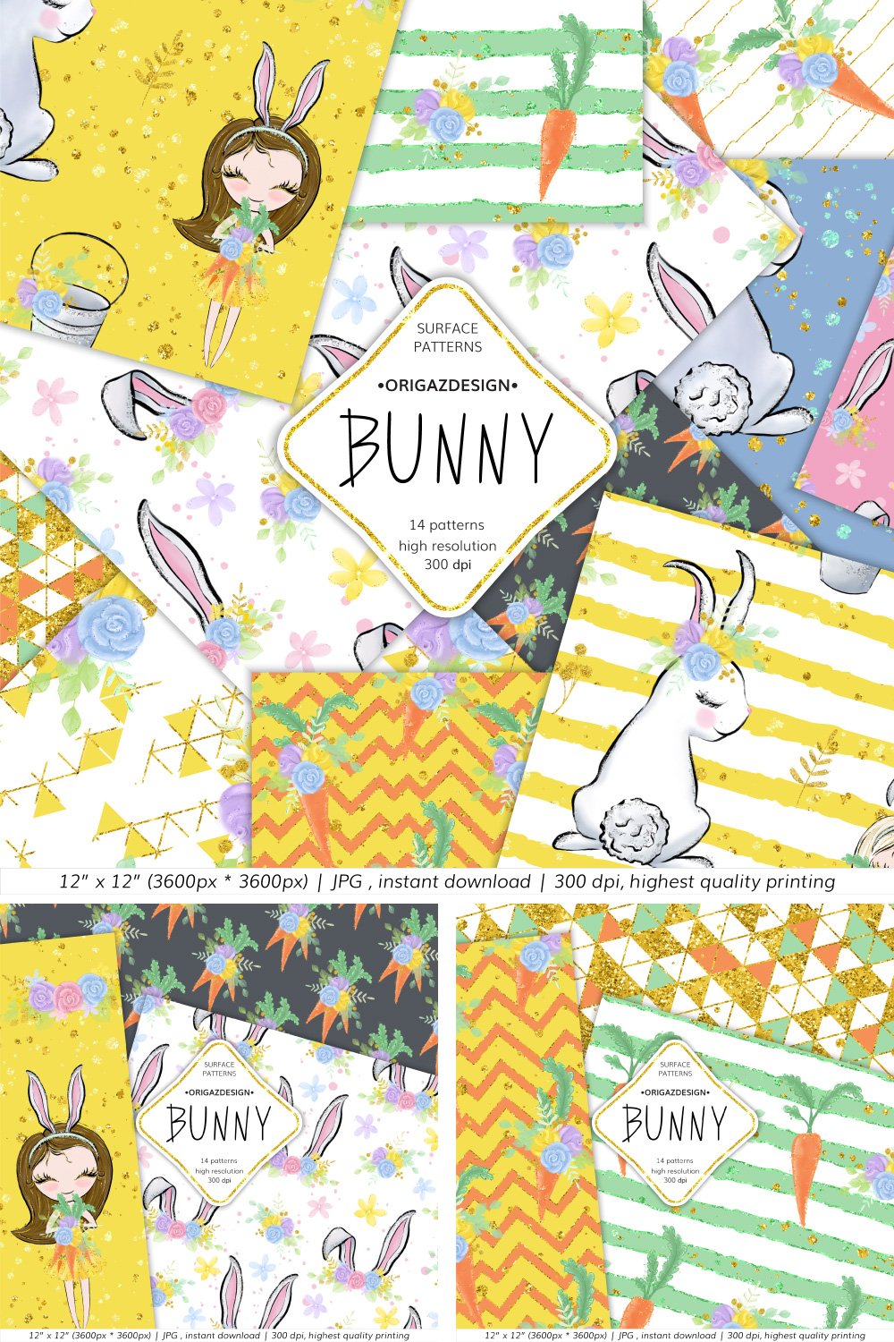 Spring Easter Bunny Baby floral seamless digital paper pack