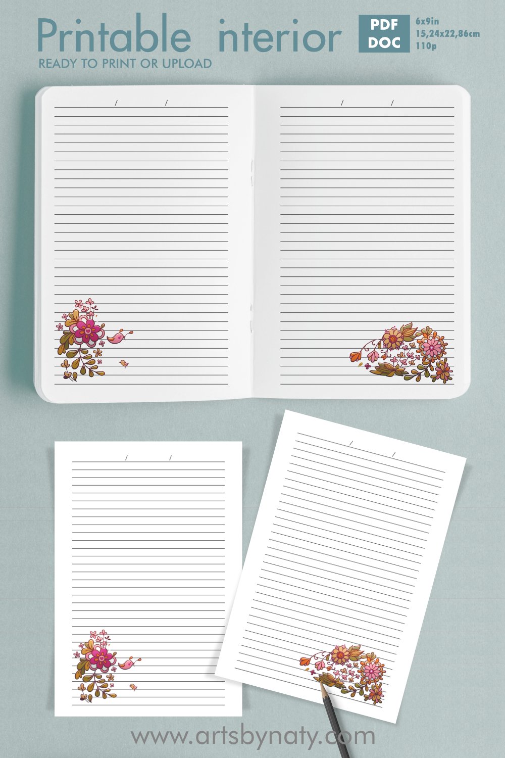 Bird and flowers printable lined journal
