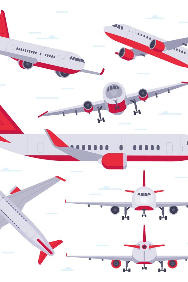 Flat airplane. Aircraft flight travel, aviation wings and la