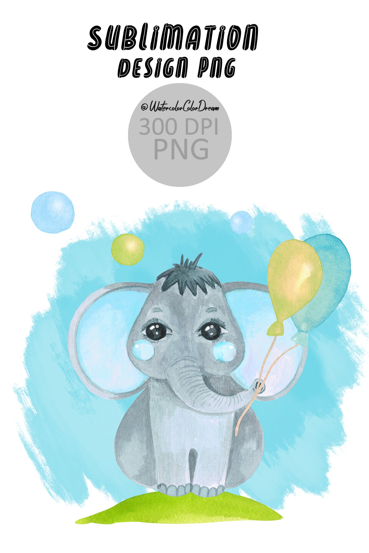 Watercolor Baby Boy Elephant With Balloons Sublimation