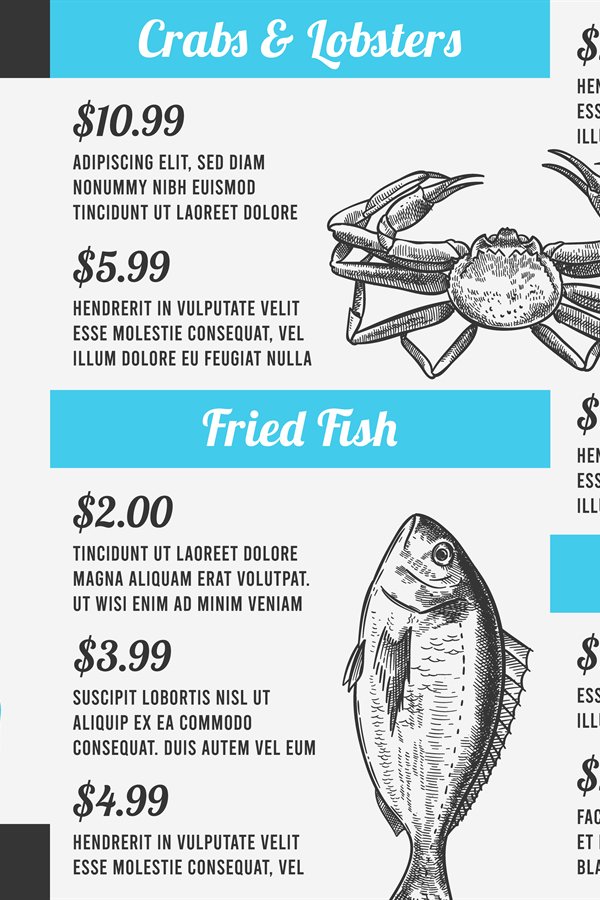 Seafood menu. Hand drawn marine fresh fishes, gourmet food d