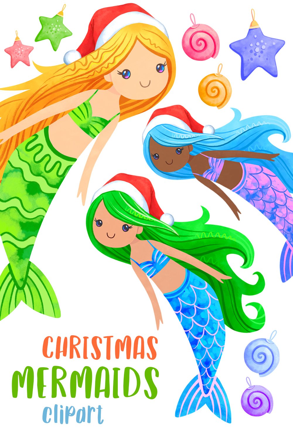 Christmas bundle Watercolor mermaid clipart Under the sea