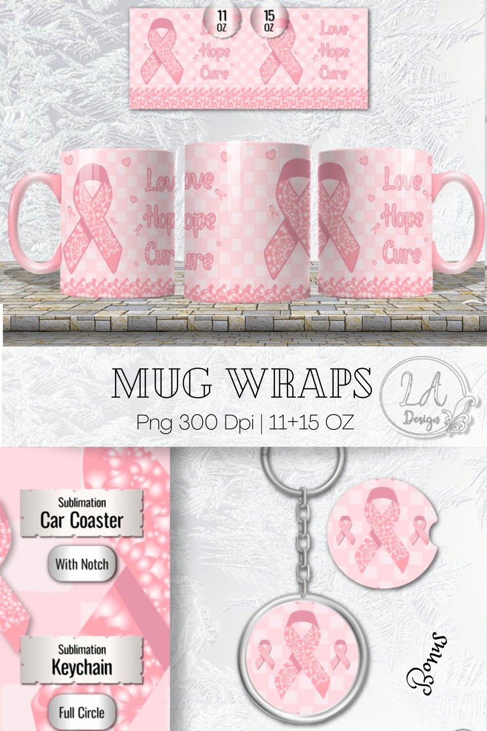 Love, Hope, Cure Mug Wrap. Breast Cancer Sublimation Design