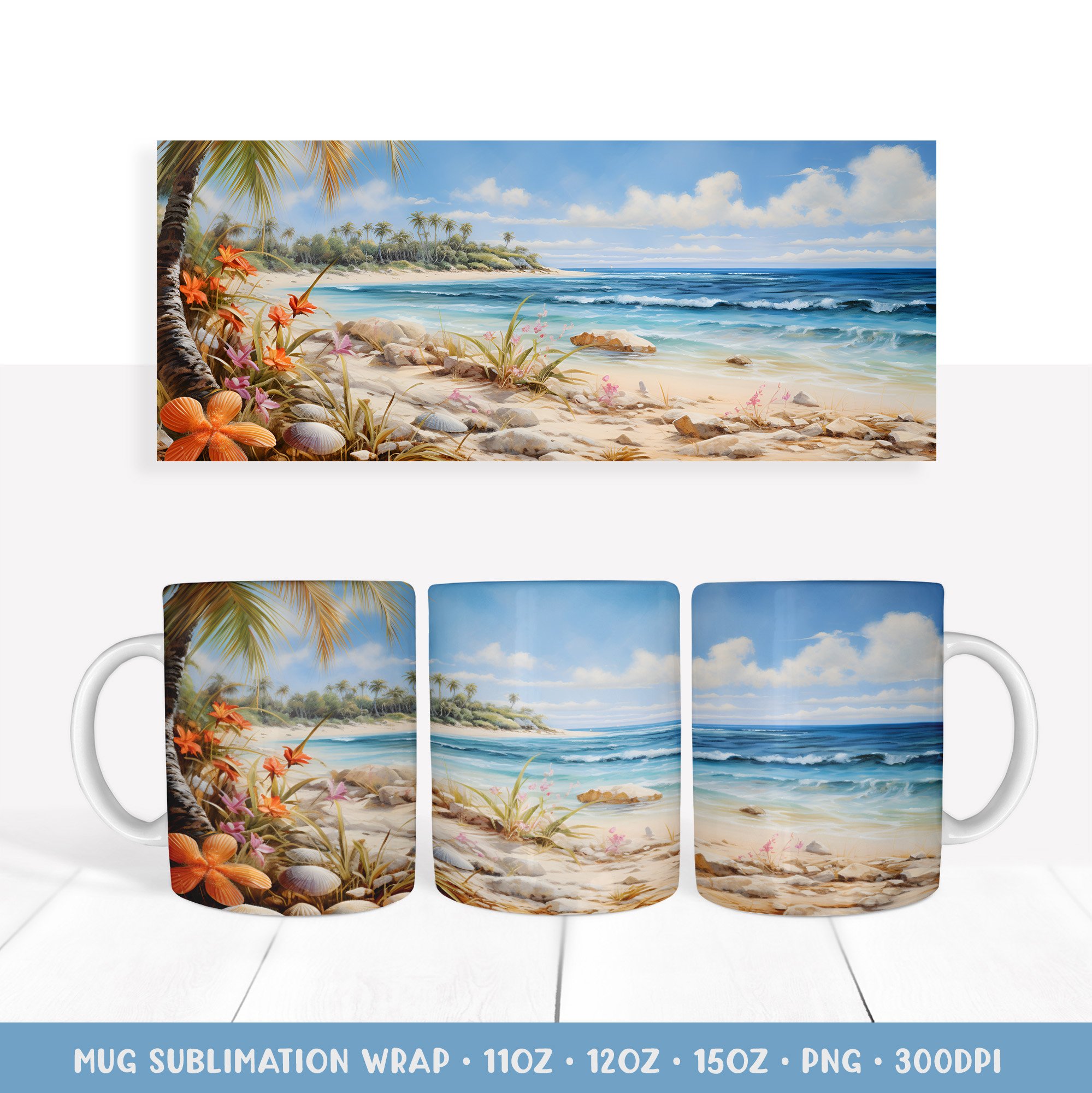 Paradise Beach Mug Sublimation Wrap. Tropical Mug Design