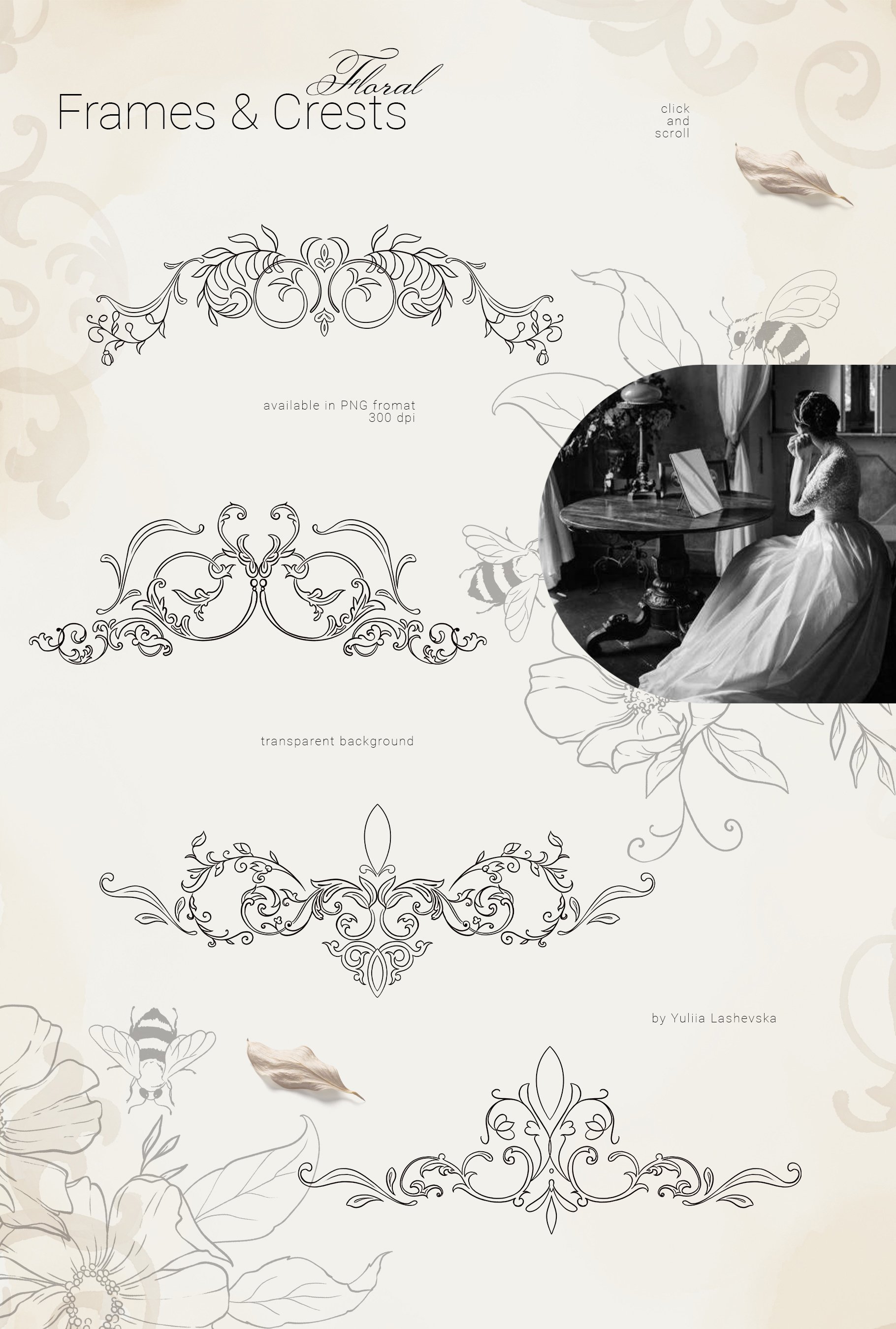 Vintage floral borders - 4 ornamental PNG line art borders