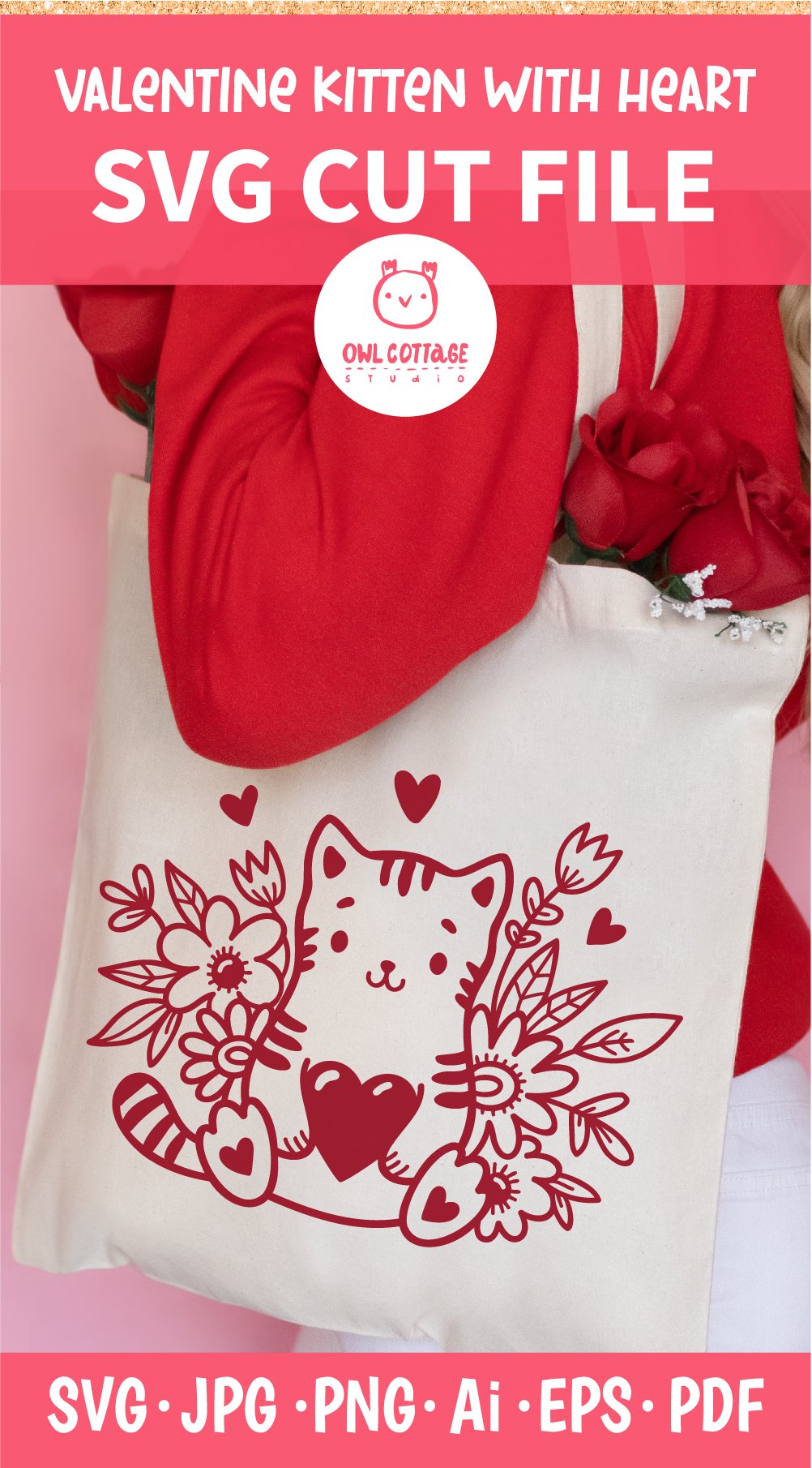Valentine Cat with Heart and Flowers SVG Cut File