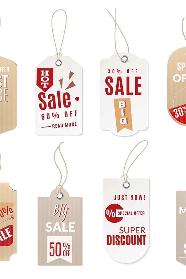 Realistic price tag. 3d sale paper hang and retail cutting c
