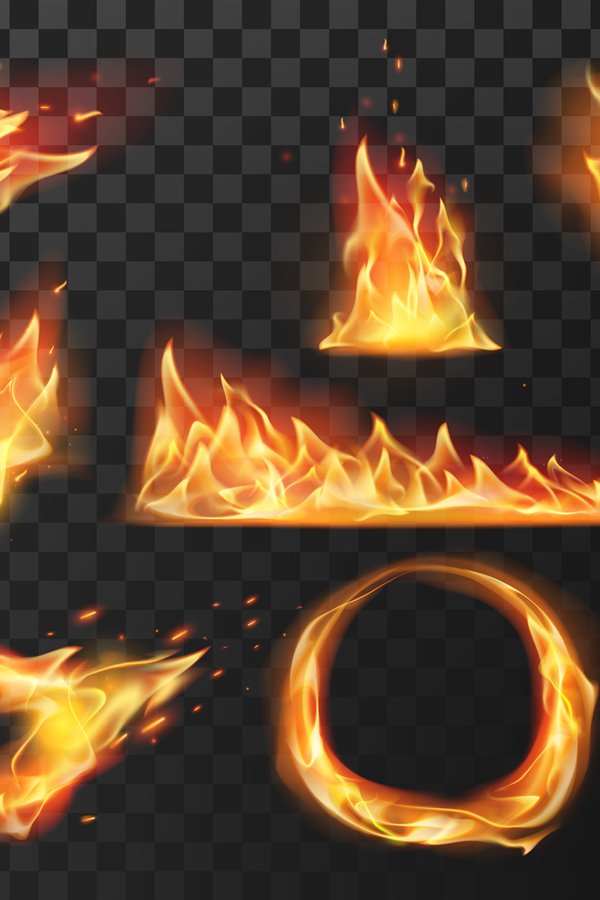 Realistic fire flame elements. Burning effects of fireball,