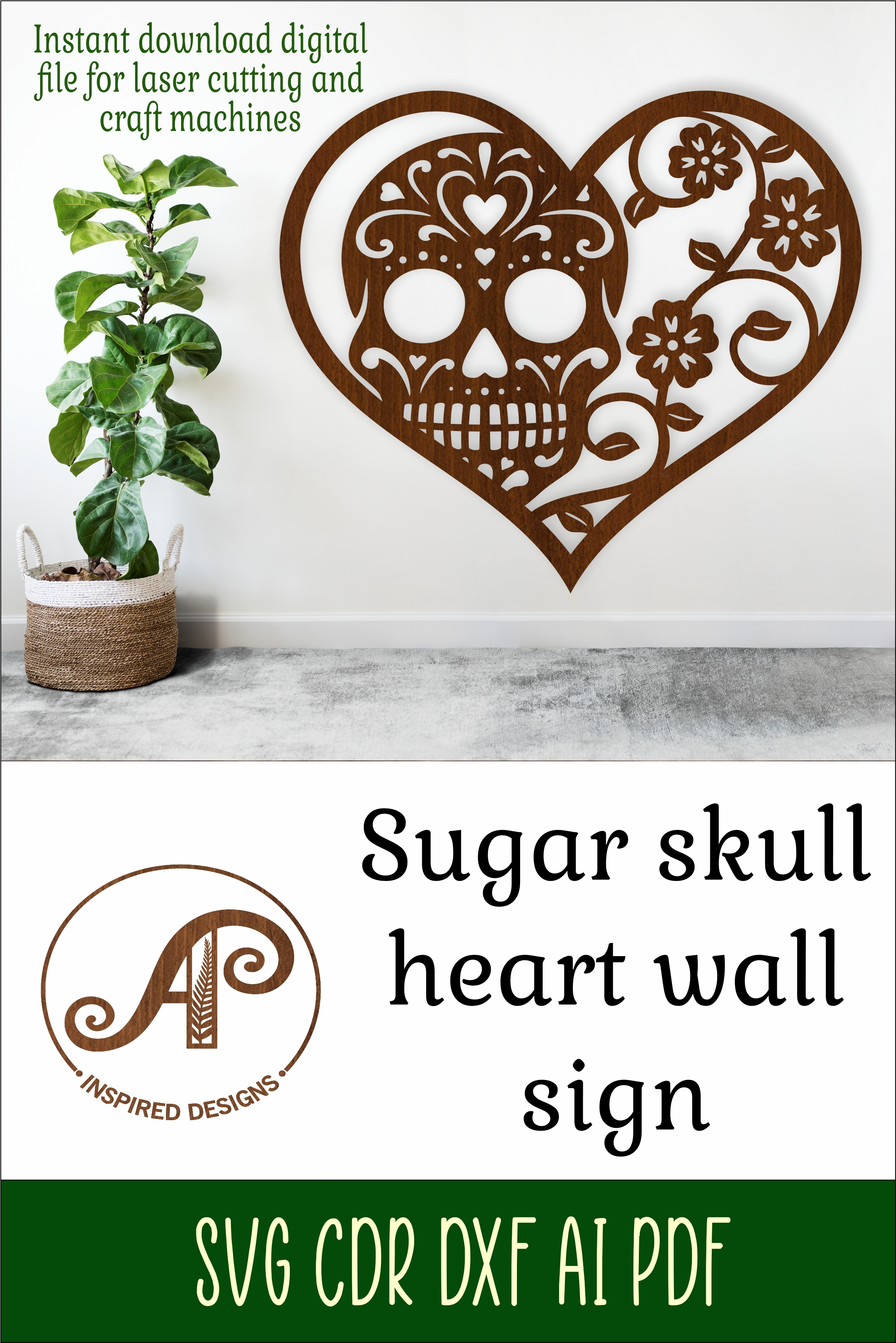 Sugar skull heart wall sign, SVG file.
